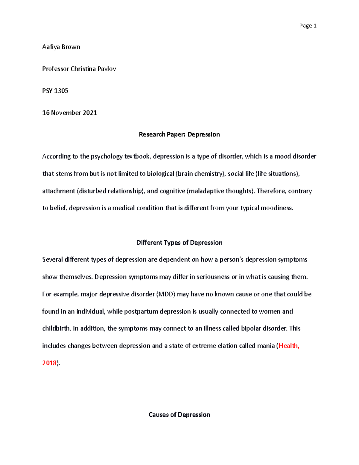 PSY 1305 Alternative Research Paper (Depression) - Aafiya Brown ...