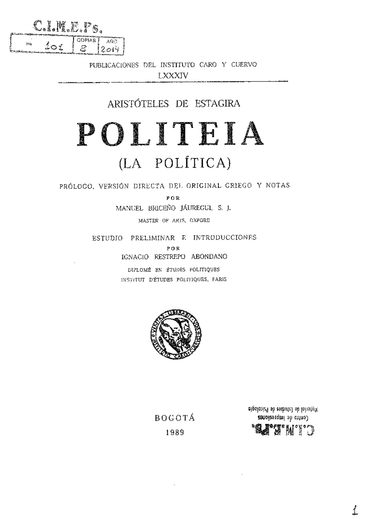 Aristóteles Politeia (Política) - Filosofia del Hombre - Studocu