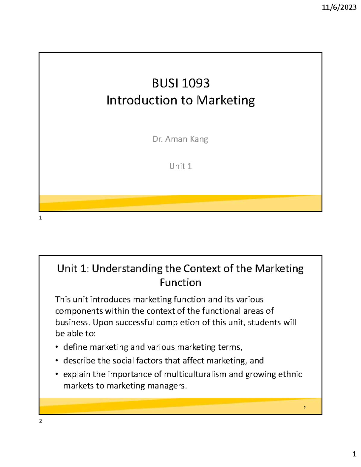 Unit 1 - Notes (used for Class Discussion) - BUSI 1093 Introduction to ...