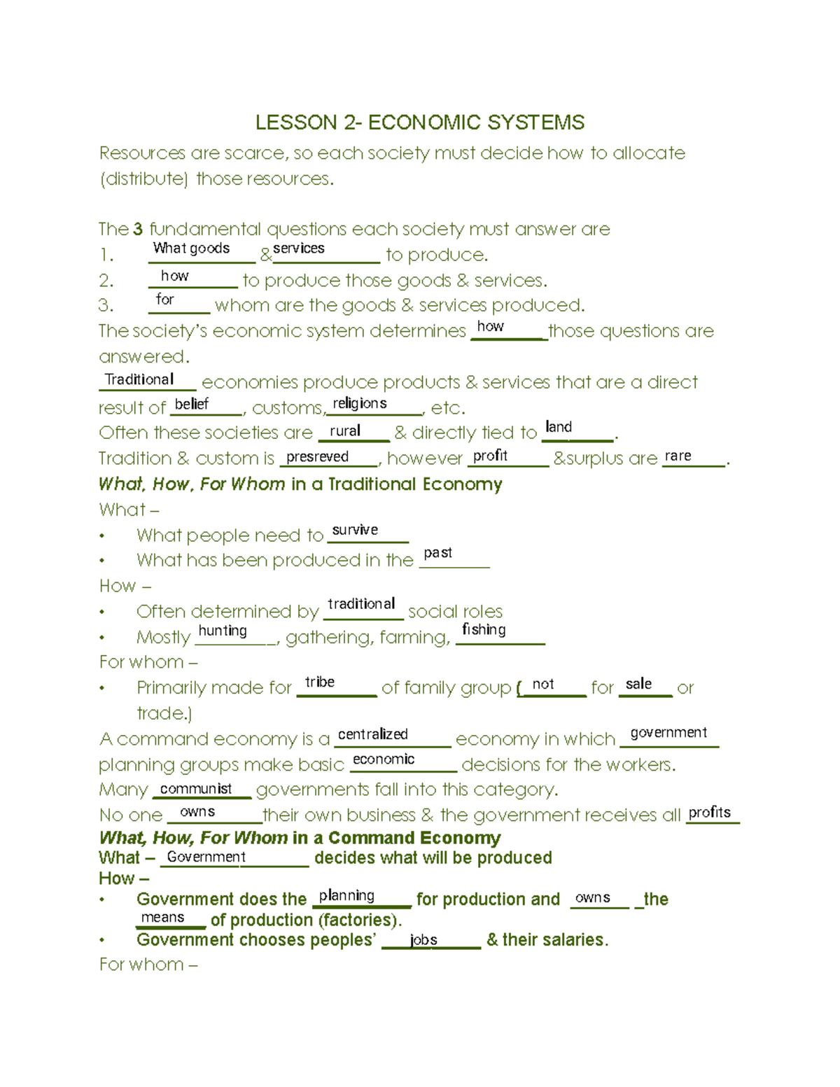 Kami Export - Lesson 2- Economic Systems notes - LESSON 2- ECONOMIC ...