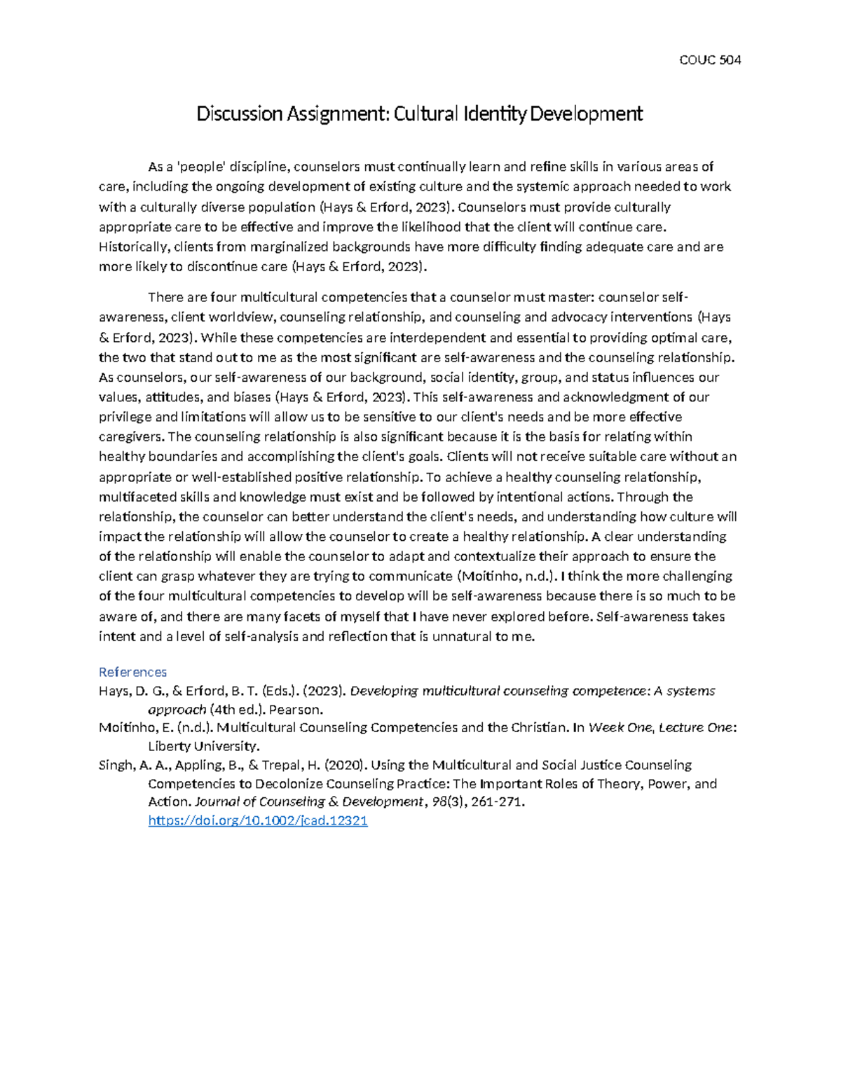 COUC504 DQ1 Cultural Identity Development - COUC 504 Discussion ...