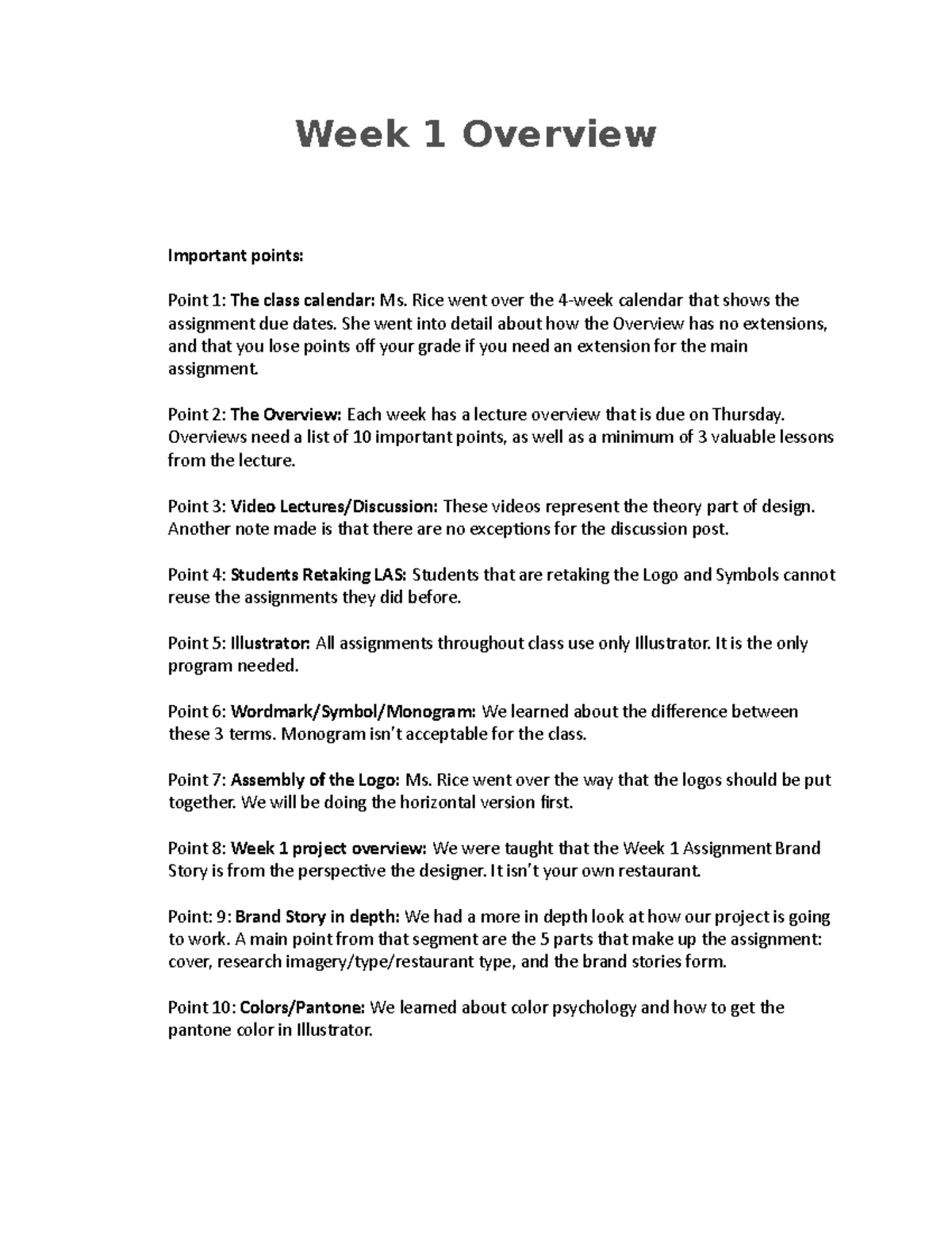 Coleman Christopher Overview 1 - Week 1 Overview Important points ...