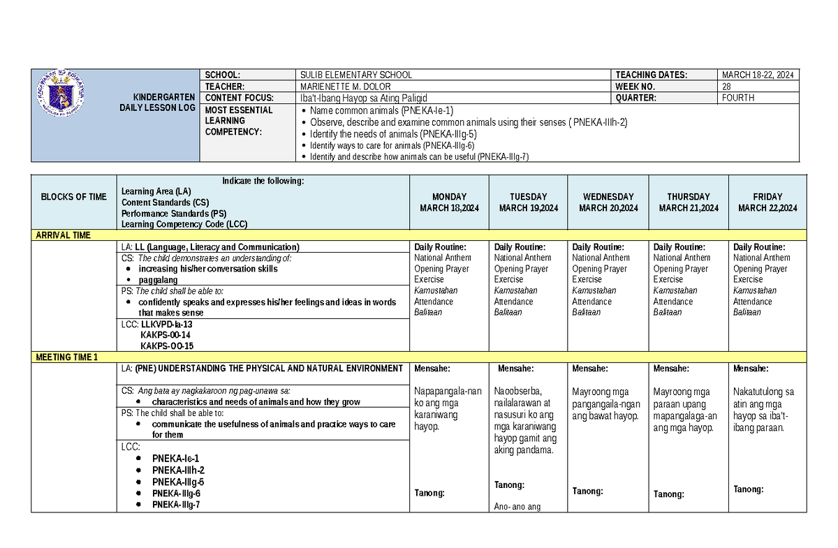 DLL - KINDERGARTEN DAILY LESSON LOG SCHOOL: SULIB ELEMENTARY SCHOOL ...