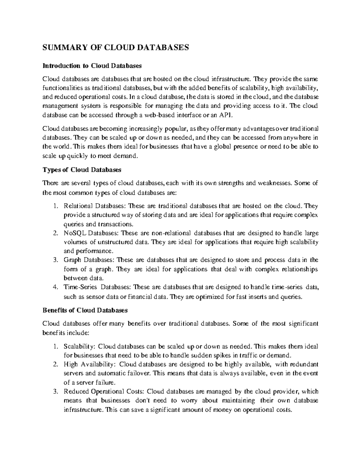 Summary of Cloud Databases - SUMMARY OF CLOUD DATABASES Introduction to ...