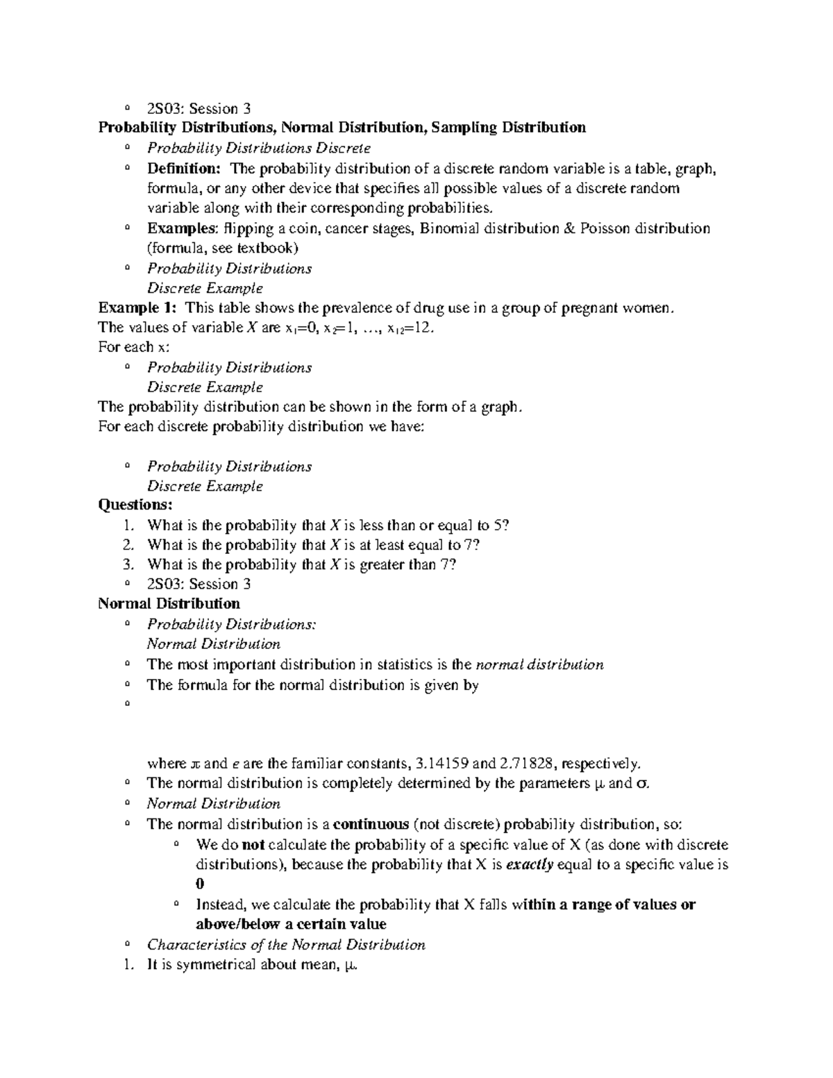 Stats Lecture 3 - 2S03: Session 3 Probability Distributions, Normal Distribution, Sampling - Studocu