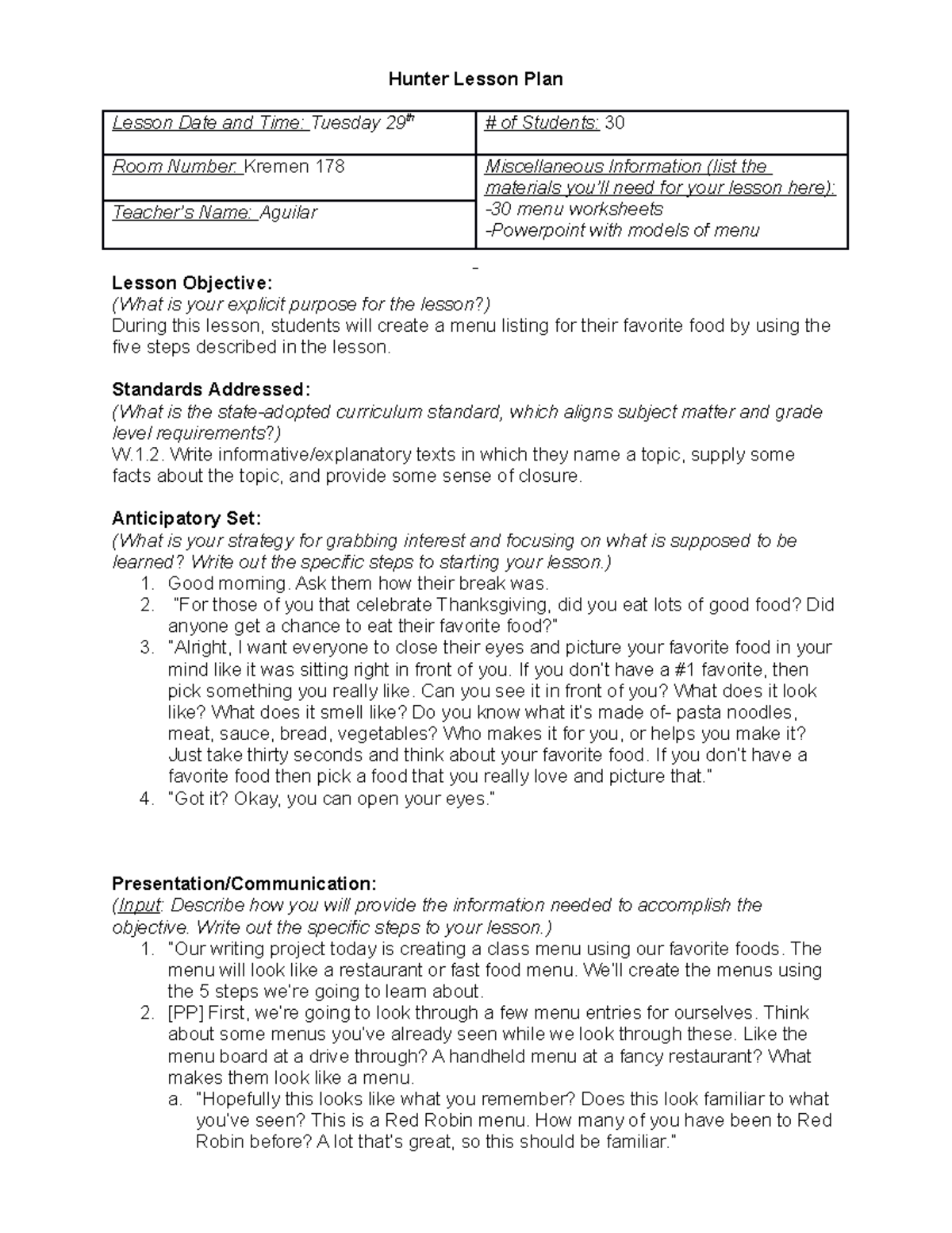MadisonHunterLessonPlan - Hunter Lesson Plan Lesson Date and Time ...