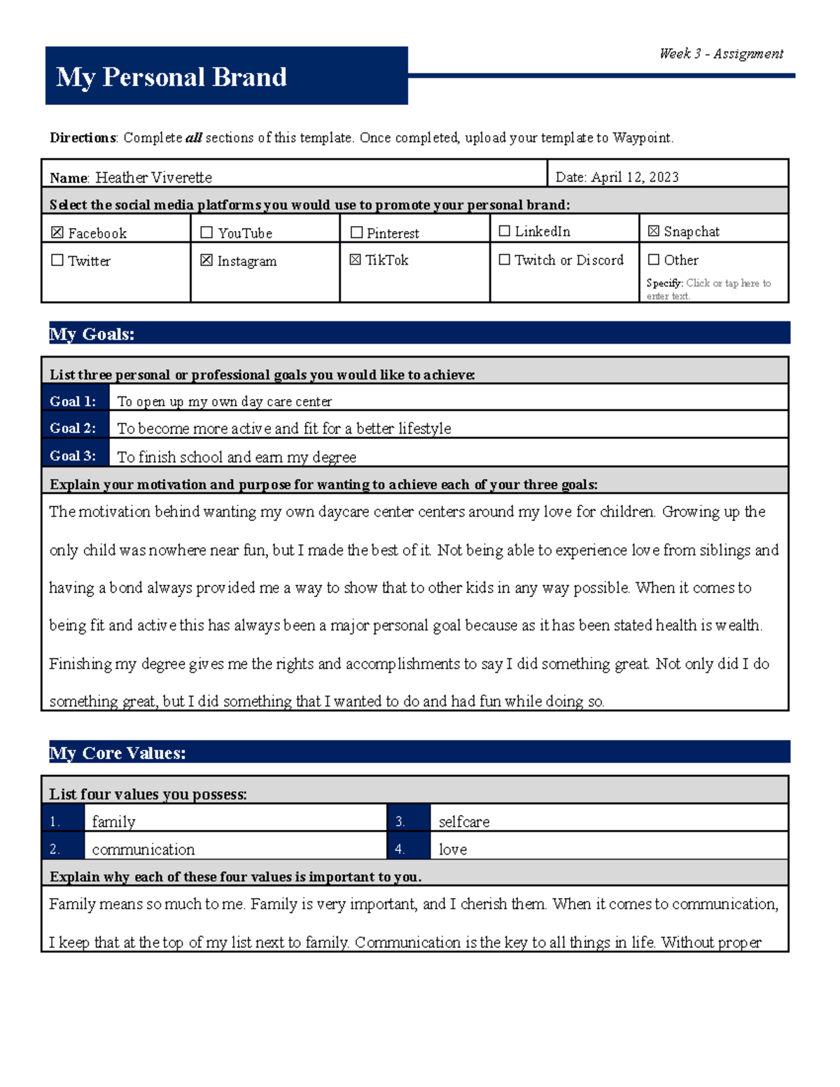 GEN102 My Personal Brand Template - Directions: Complete all sections ...