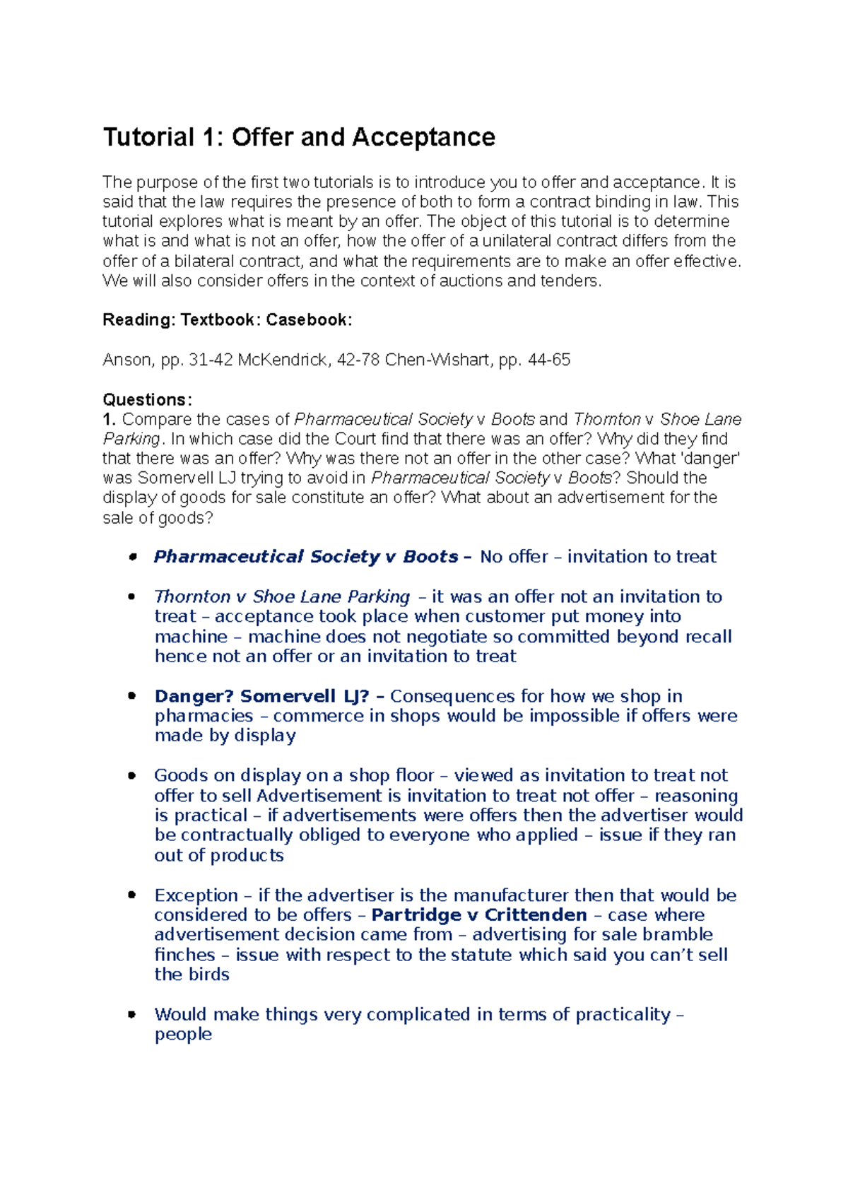 Tutorial 1 Offer and Acceptance - Tutorial 1: Offer and Acceptance The purpose of the first two ...