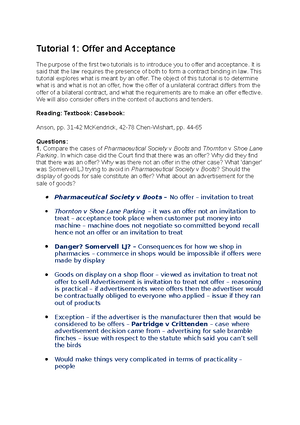 Contract law tutorial - Define "acceptance" of an offer. Must the acceptance be in - Studocu