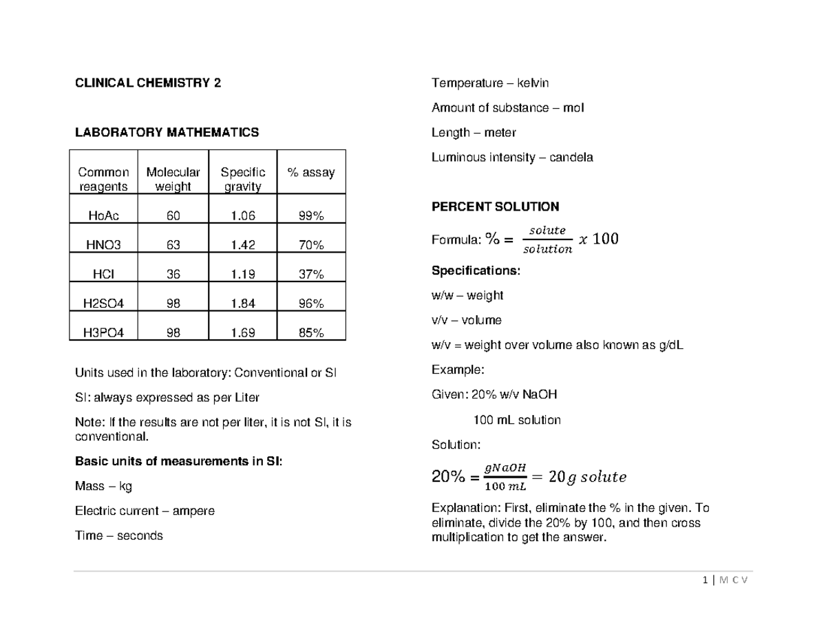 CC2-trans - summaries - CLINICAL CHEMISTRY 2 LABORATORY MATHEMATICS Common reagents Molecular ...