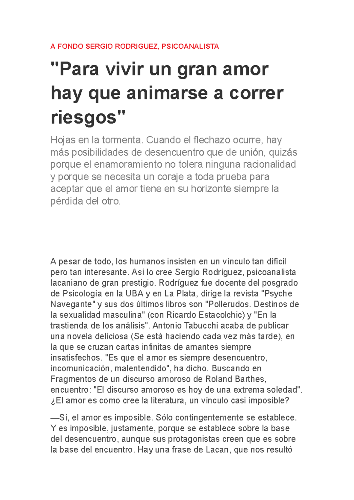 Sergio Rodriguez - textos - A FONDO SERGIO RODRIGUEZ, PSICOANALISTA "Para vivir un gran amor ...