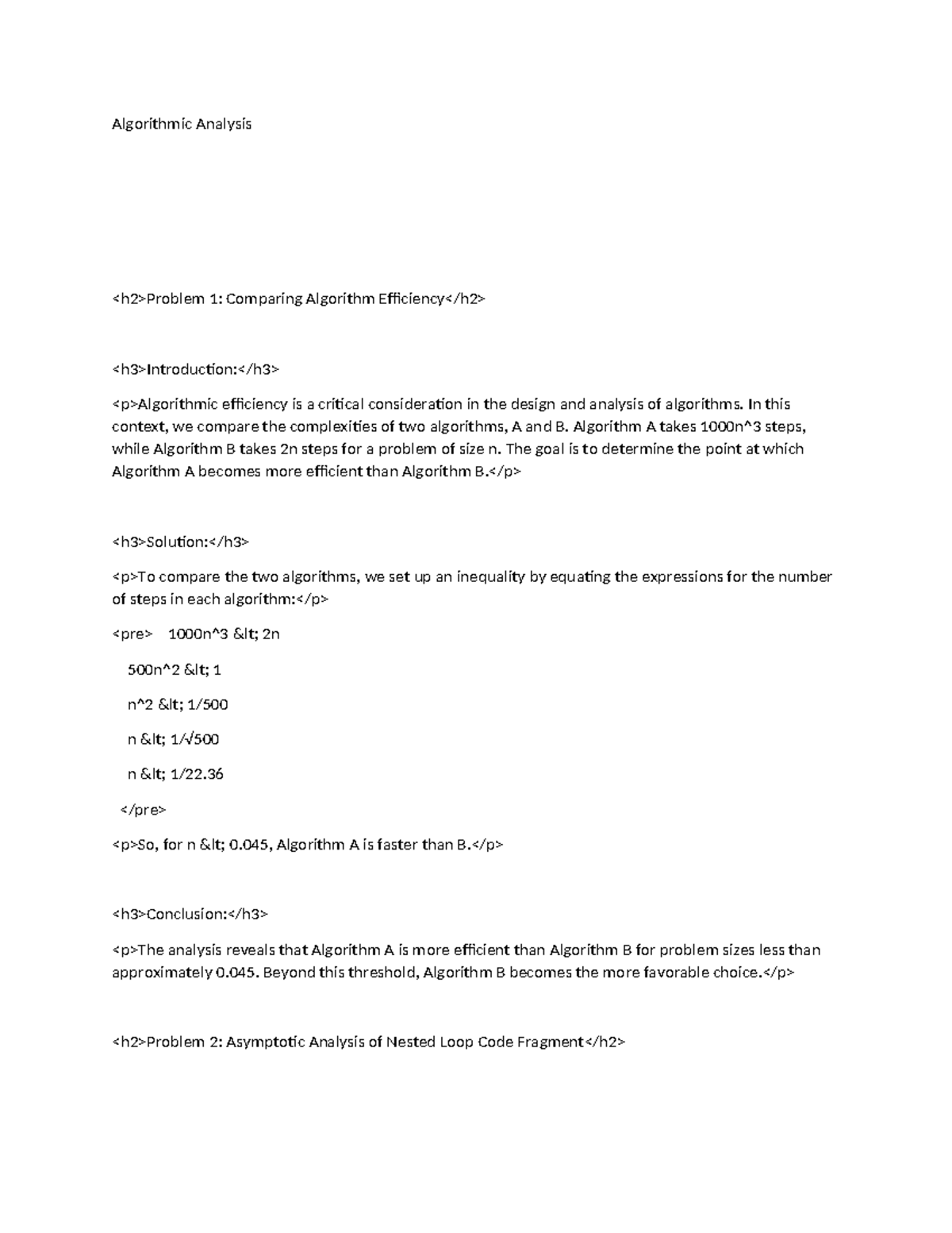 Discussion assignment 2 - Algorithmic Analysis Problem 1: Comparing ...