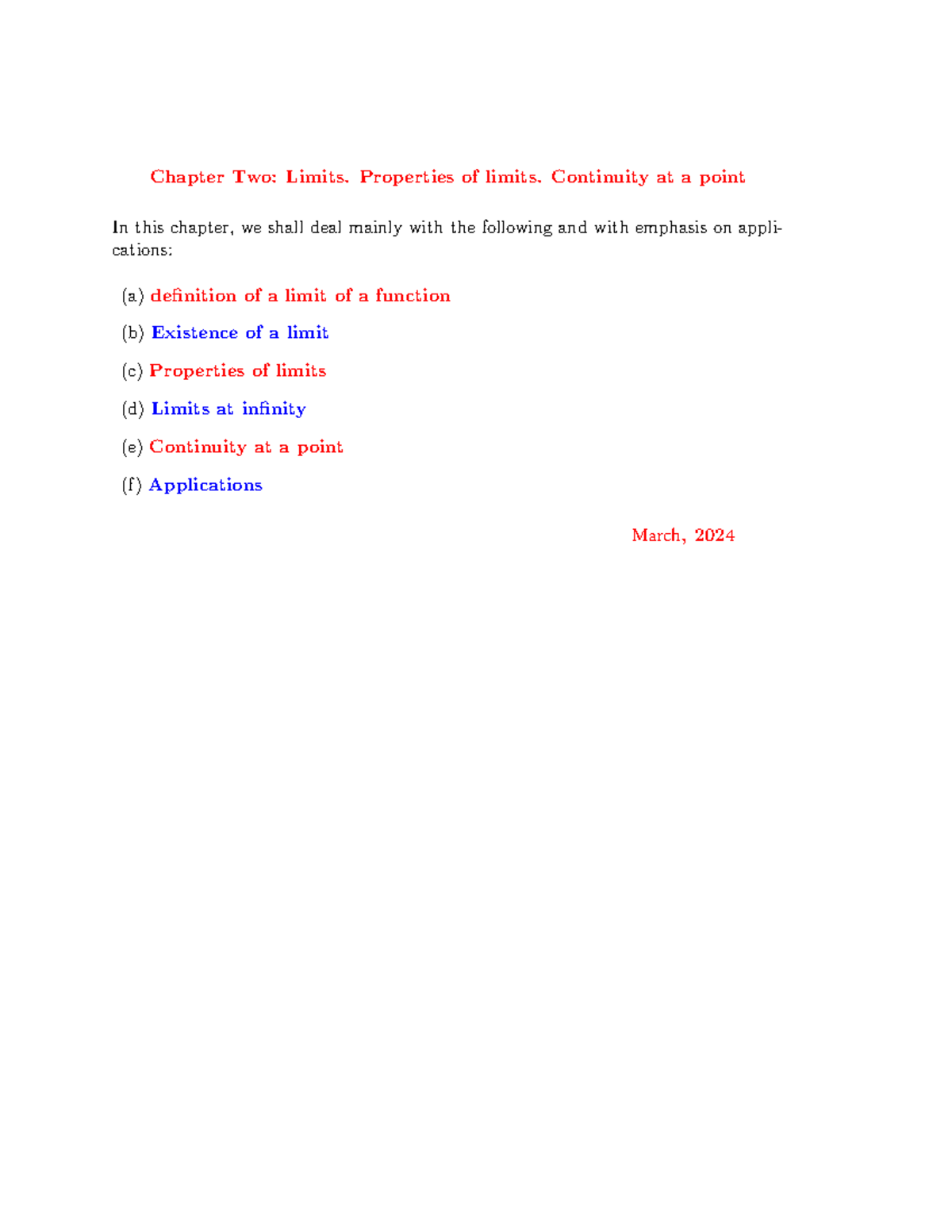 Chapter Two Mam126 - Chapter Two: Limits. Properties of limits. Continuity at a point In this ...
