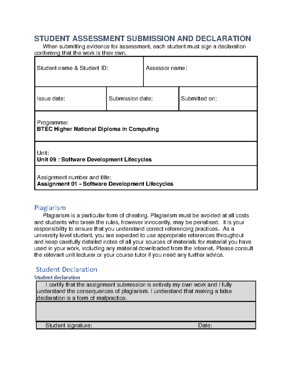 SDLC Assignment 01 - Unit 9 - Software Development Life Cycles ...