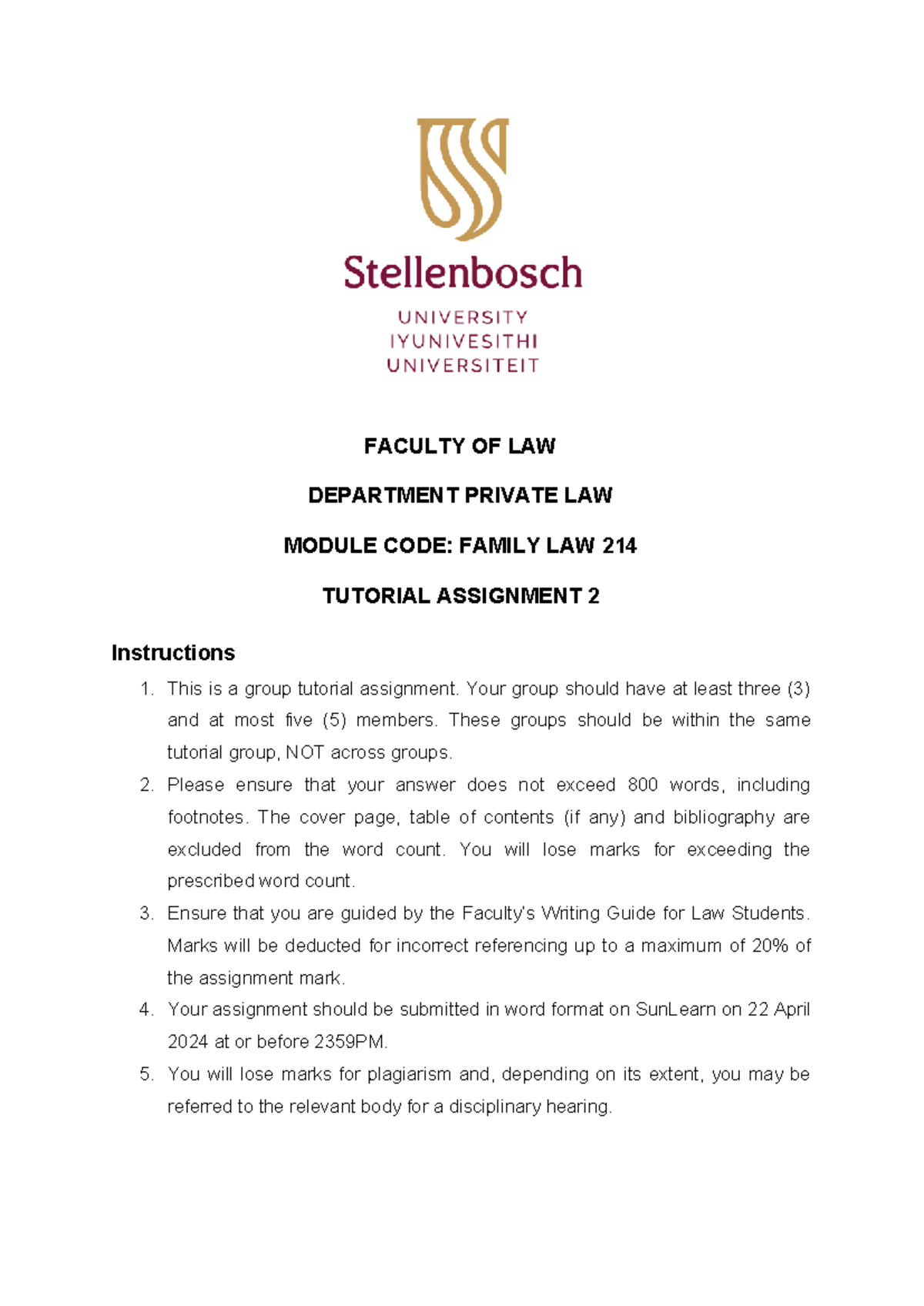 Family Law Tut Assignment Two 2024 - FACULTY OF LAW DEPARTMENT PRIVATE ...