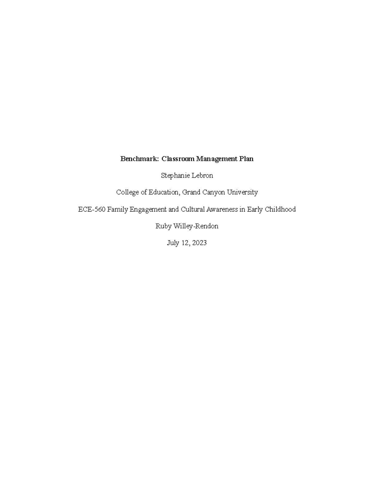 Benchmark Classroom Management Plan - Benchmark: Classroom Management ...