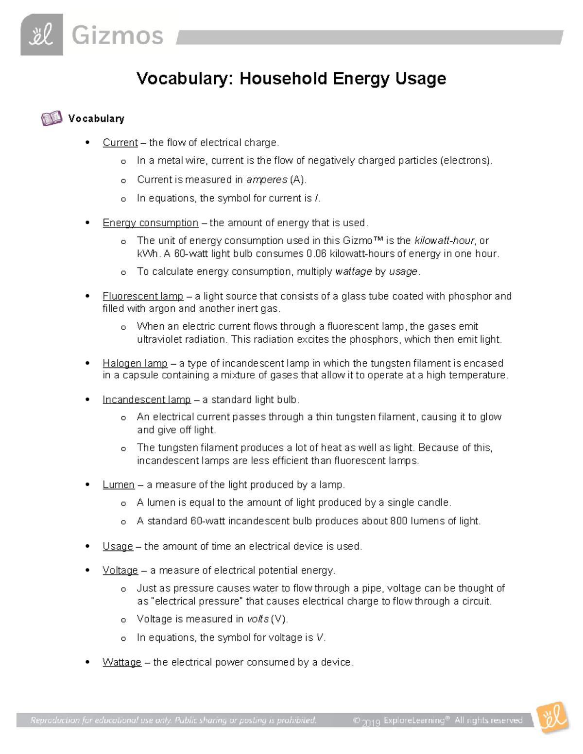 Household Energy Vocab - 2019 Vocabulary: Household Energy Usage ...
