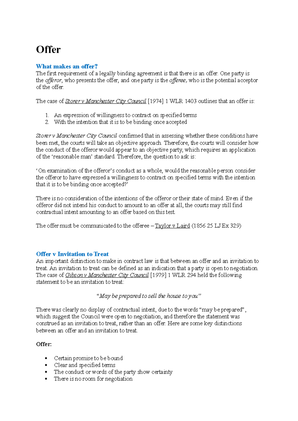 Contract Law Notes - Offer What makes an offer? The first requirement ...
