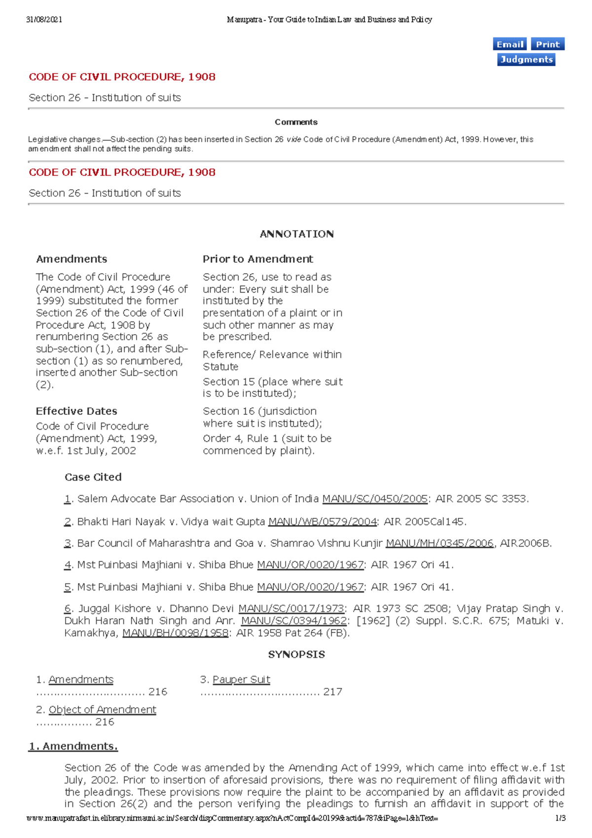 Section 26 Commentary cpc - 31/08/2021 Manupatra - Your Guide to Indian ...