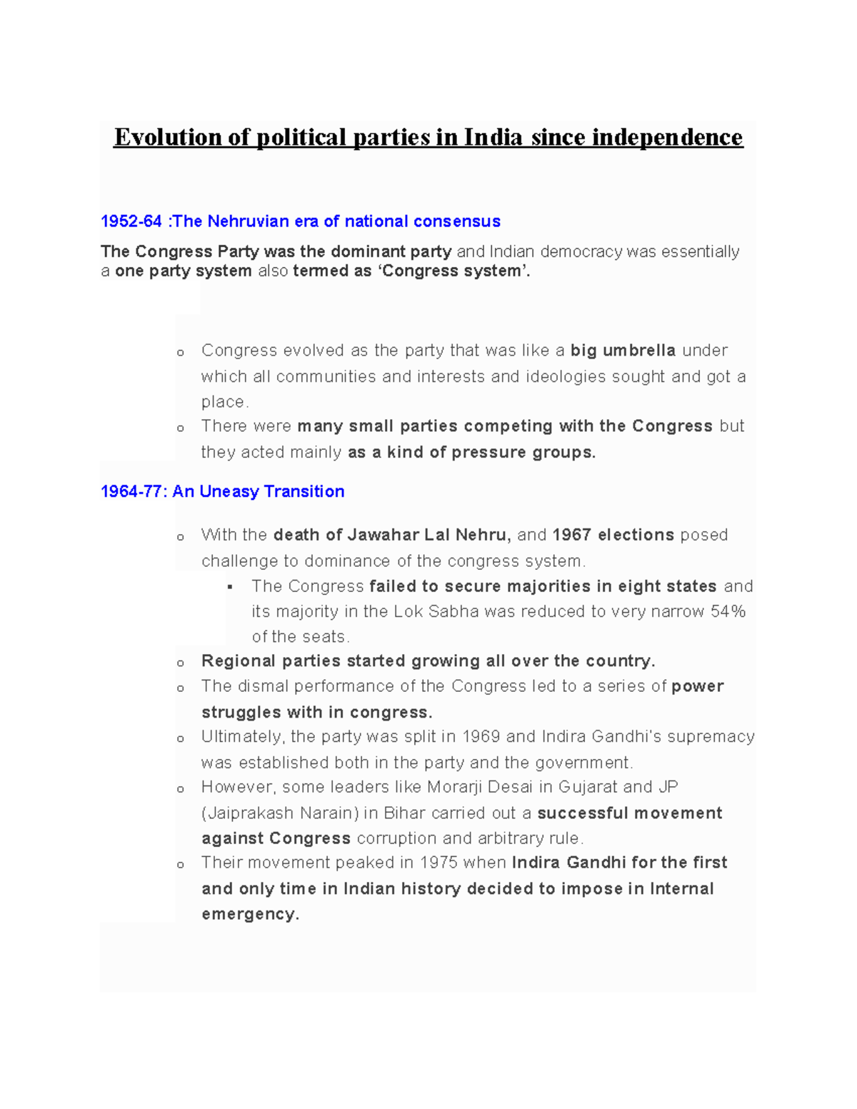Evolution of political parties in India since independence - o Congress ...