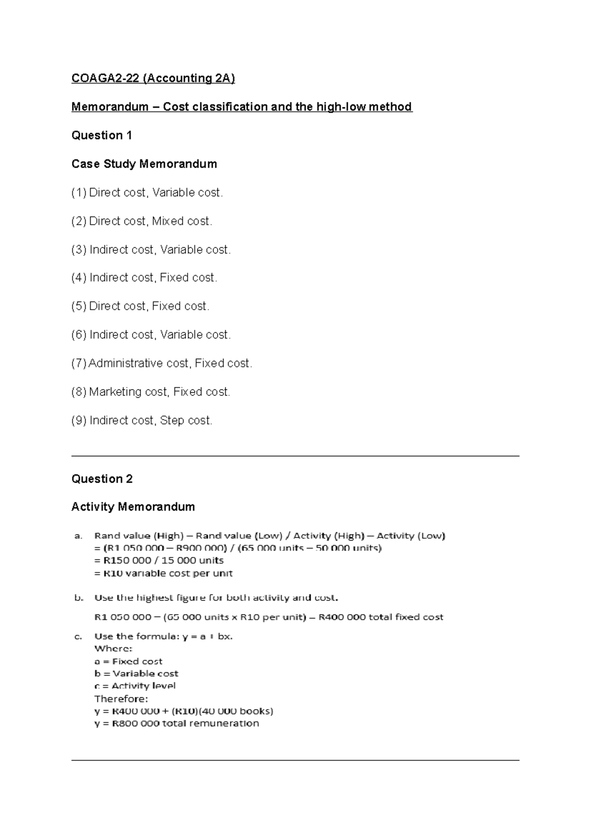 Coaga 2 - 2024 - Unit 2 - Cost classification and high-low method - Memo - COAGB2 - Studocu