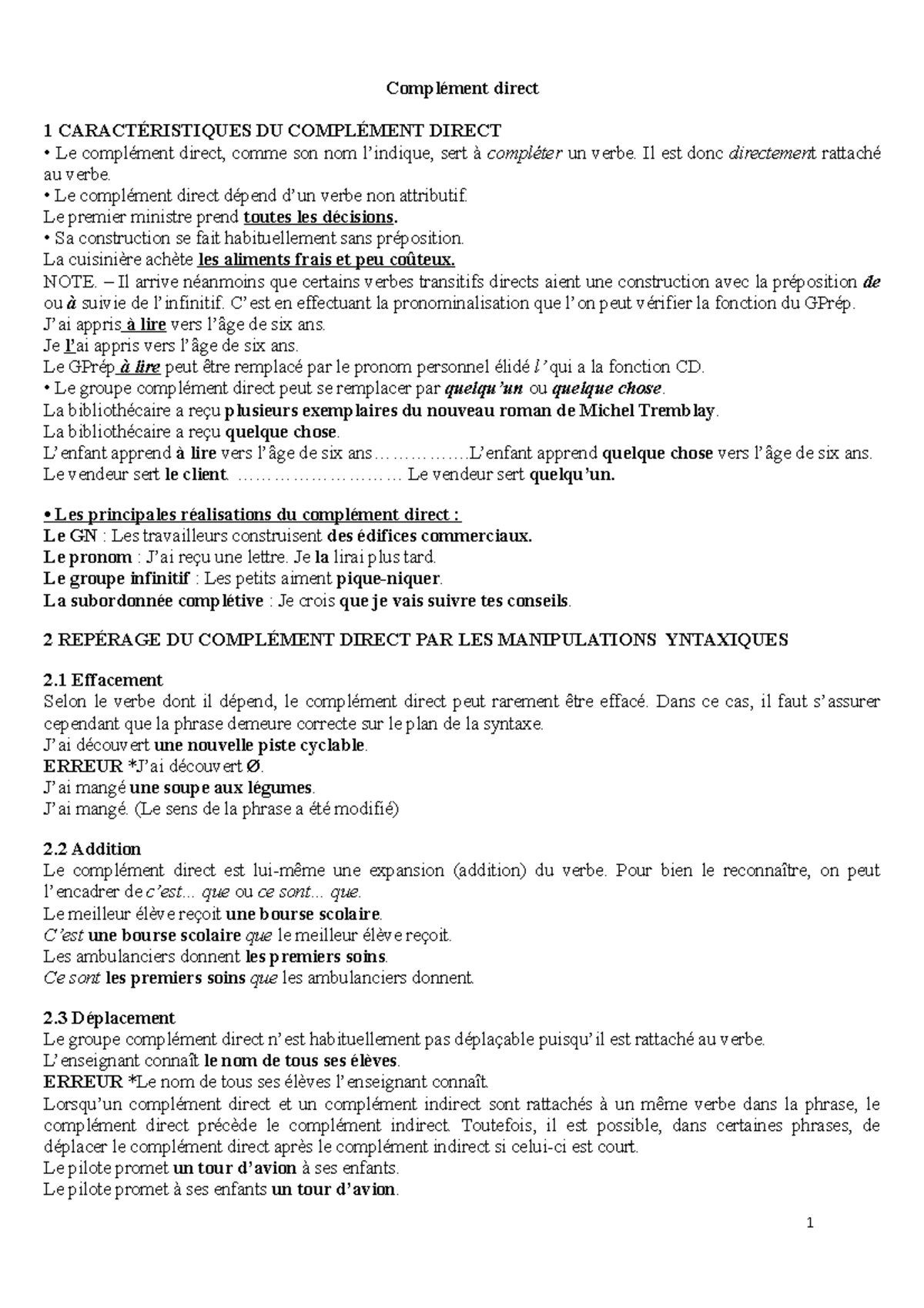 02 Le complément dobjet direct - Complément direct 1 CARACTÉRISTIQUES ...