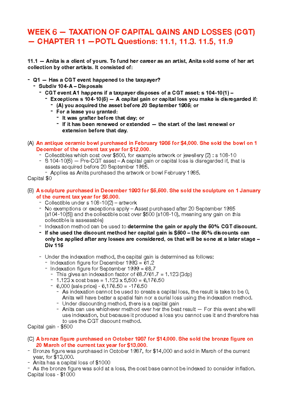 W6 TUT PREP - Tutorial prep - WEEK 6 — TAXATION OF CAPITAL GAINS AND ...