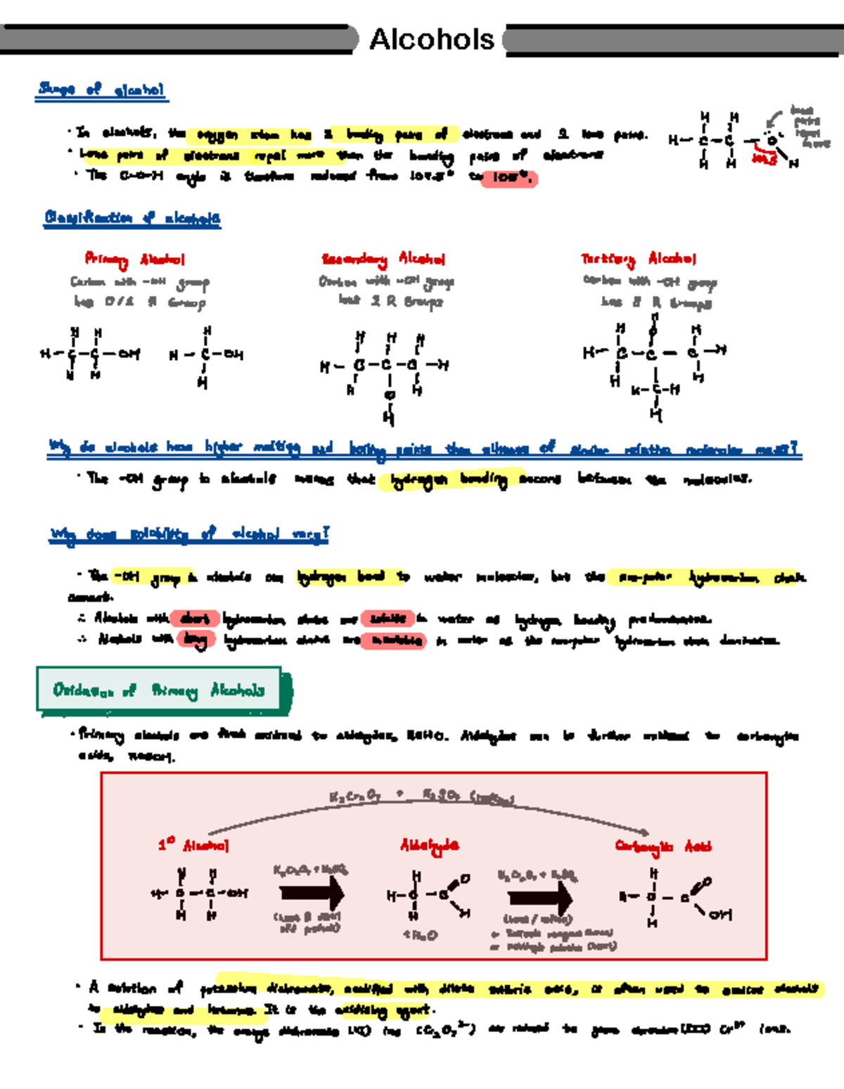Alcohols Notes - Alcohols Shape of alcohol ← H H lone - In alcohols 1 I ...