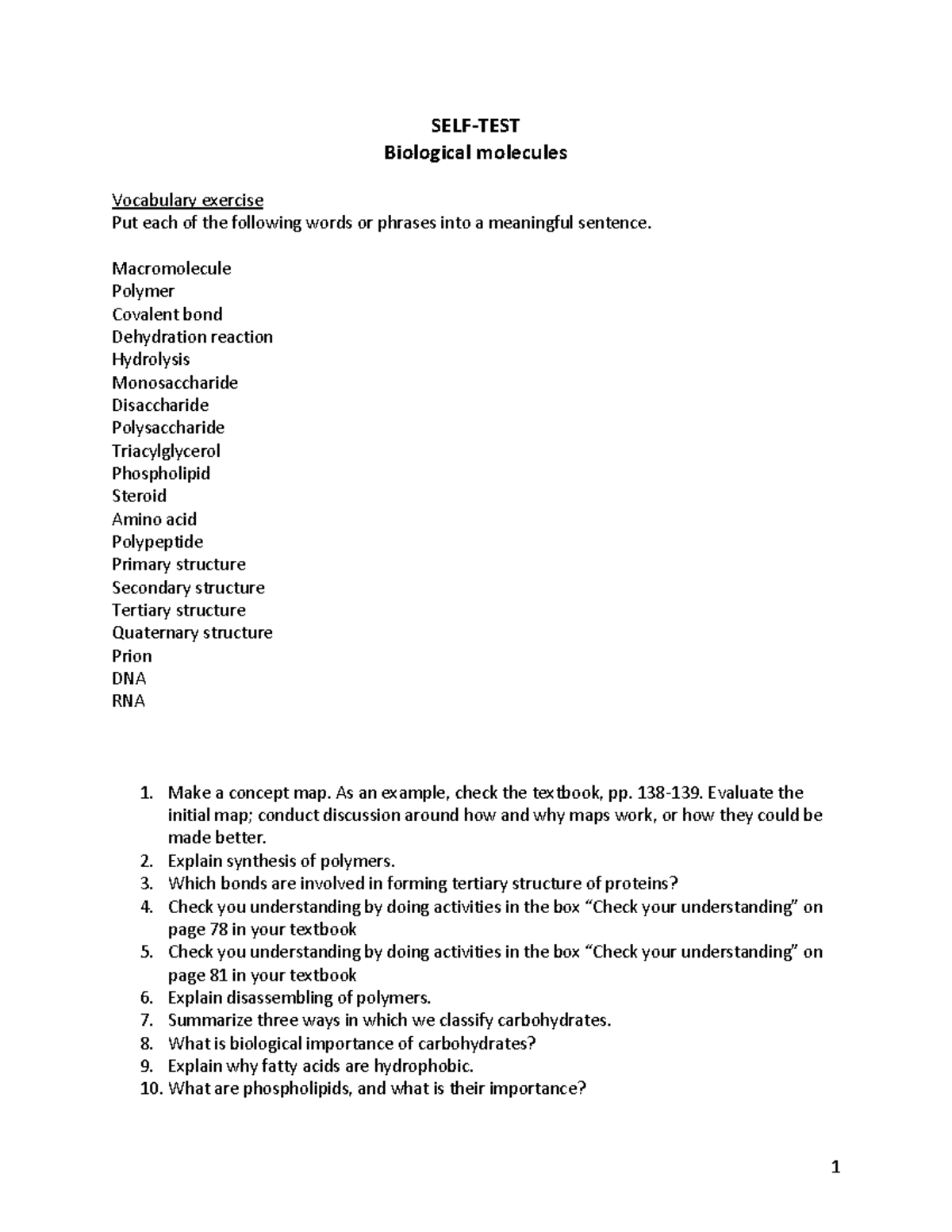 BISC101 Self Tests - 1 SELF-TEST Biological molecules Vocabulary ... BISC101 Self Tests - 1 SELF-TEST Biological molecules Vocabulary ...