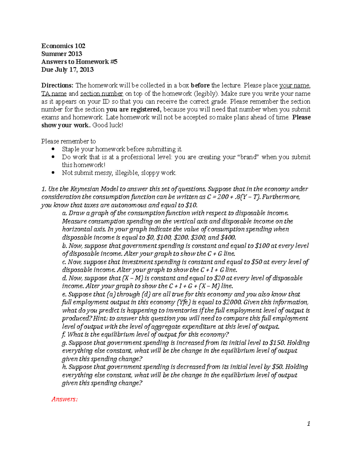 Answerstohomework 5summer 2013 - Economics 102 Summer 2013 Answers to ...