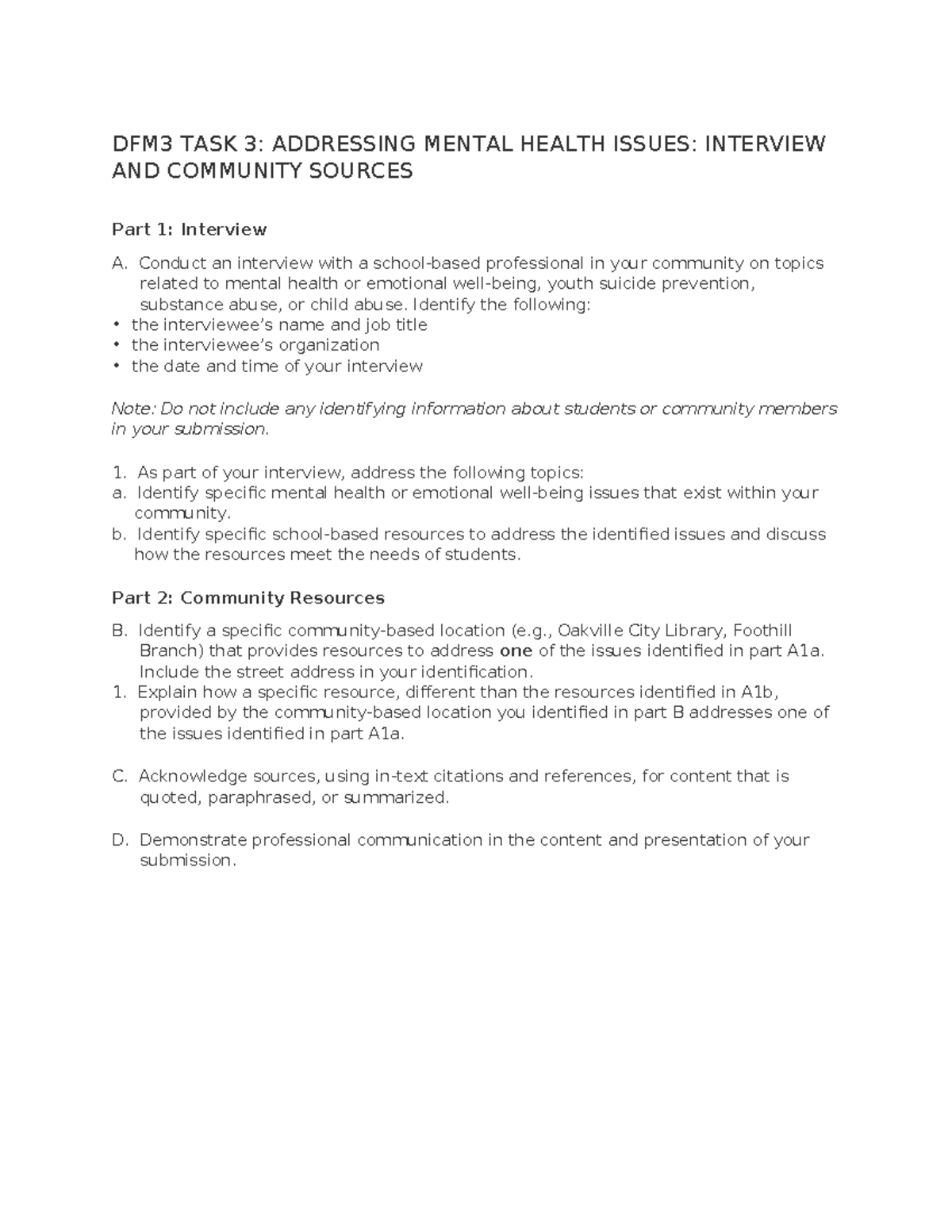 DFM3 TASK 3 Addressing Mental Health Issues Interview AND CO - DFM3 TASK 3: ADDRESSING MENTAL ...