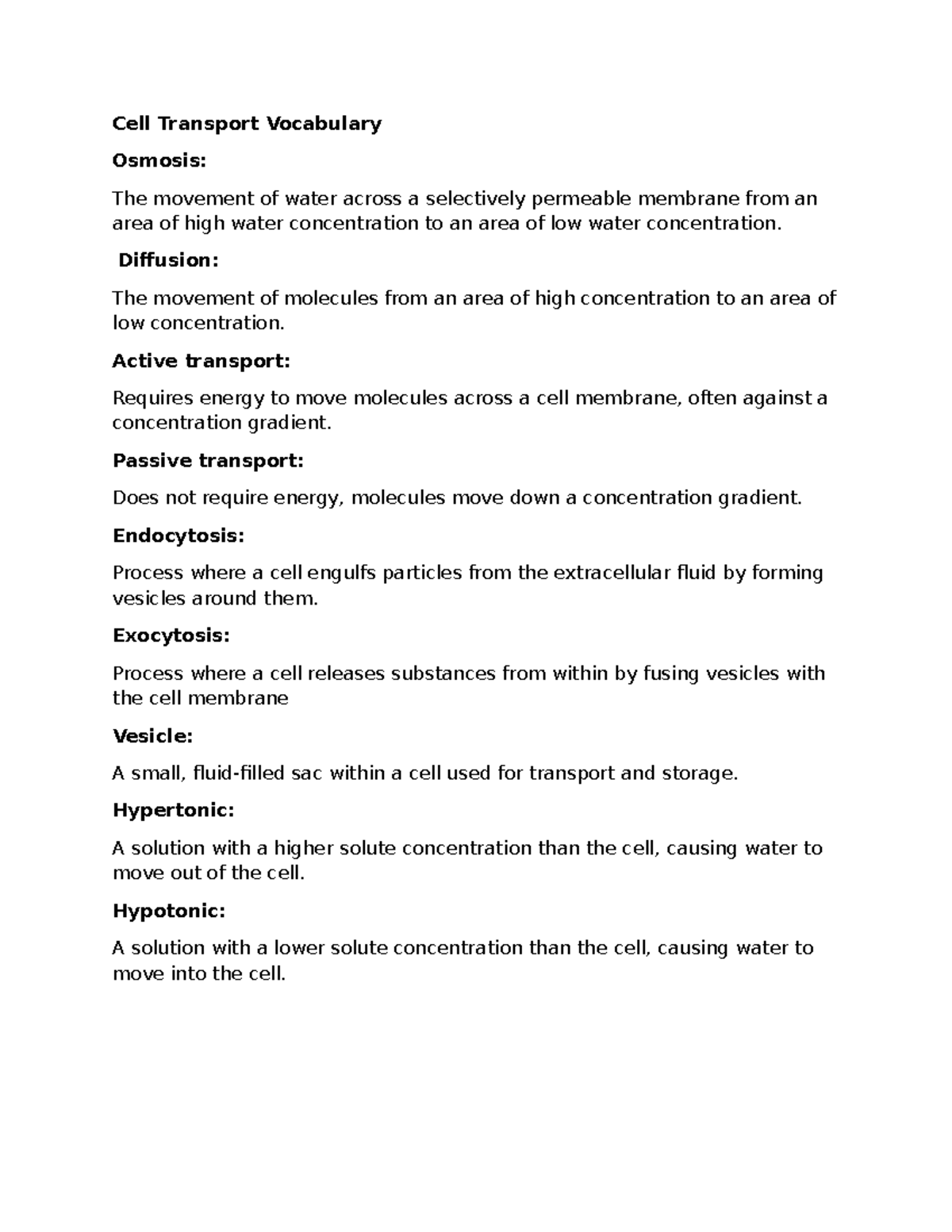 Cell+Transport+Vocabulary - Cell Transport Vocabulary Osmosis: The ...