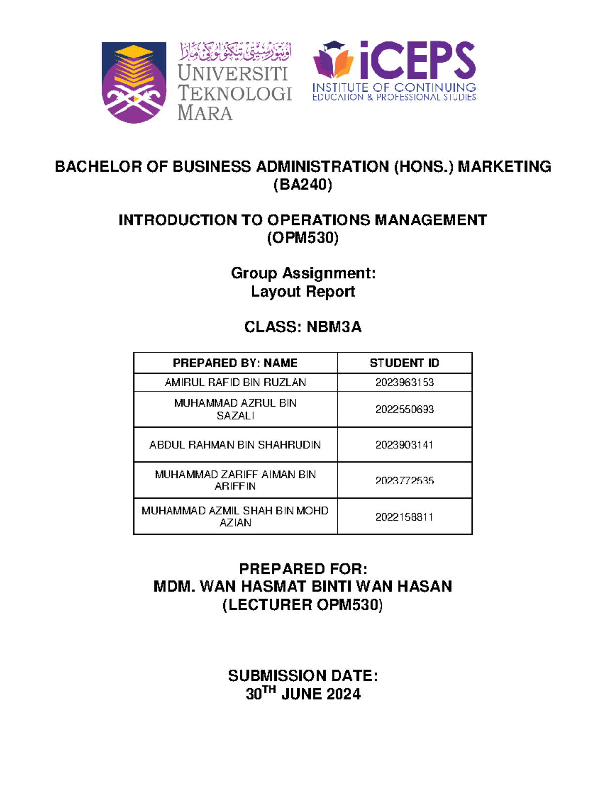 layout report for Group Assignment OPM - BACHELOR OF BUSINESS ...