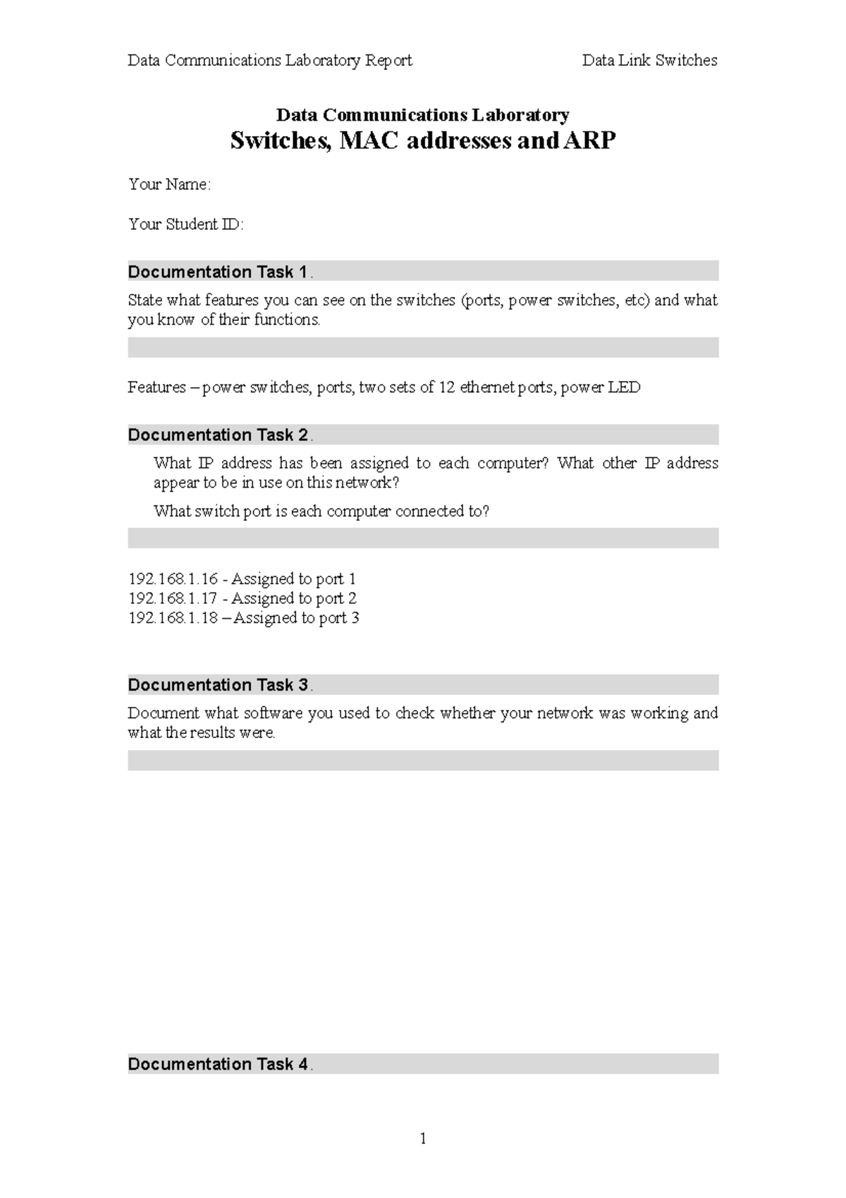 Practical Data Link Switches Pt Documentation Template Data Communications Laboratory