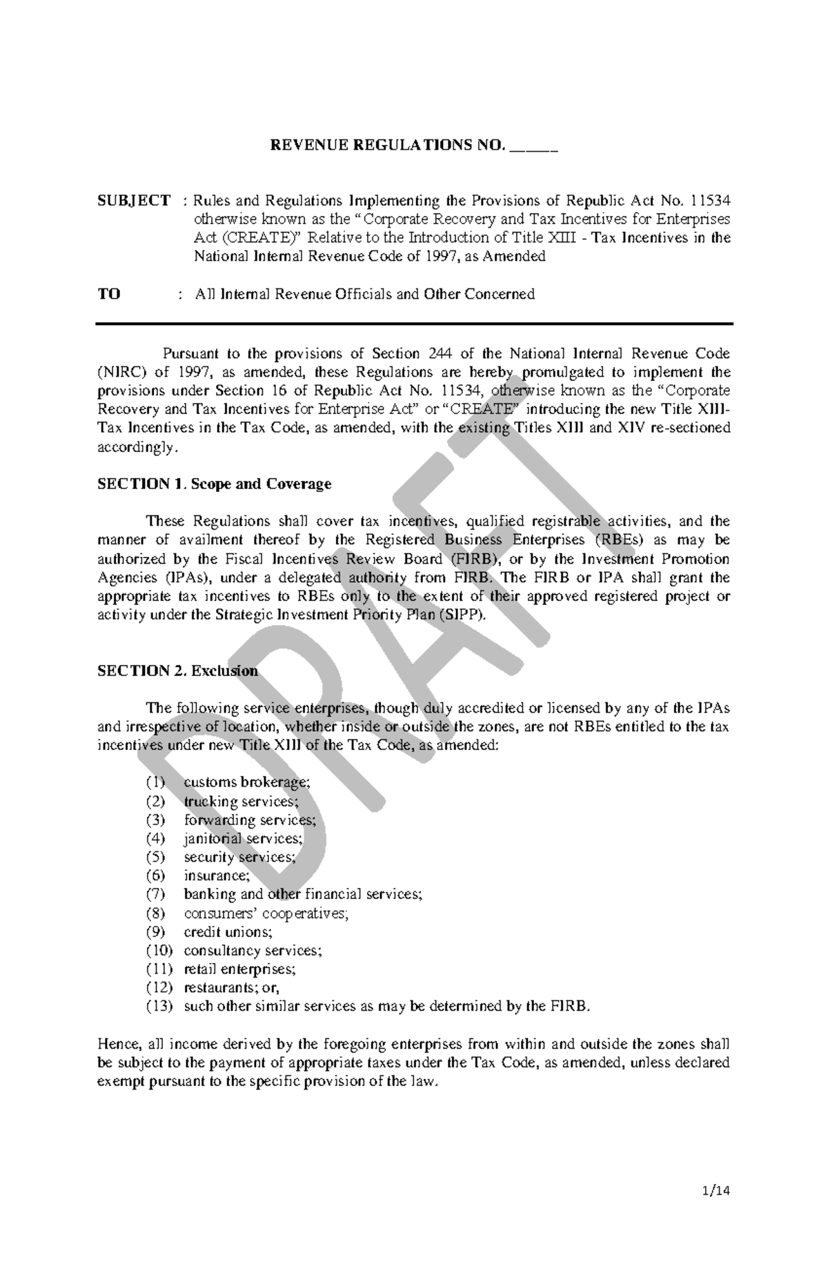 Incentives ( Create) Draft - REVENUE REGULATIONS NO. ______ SUBJECT ...