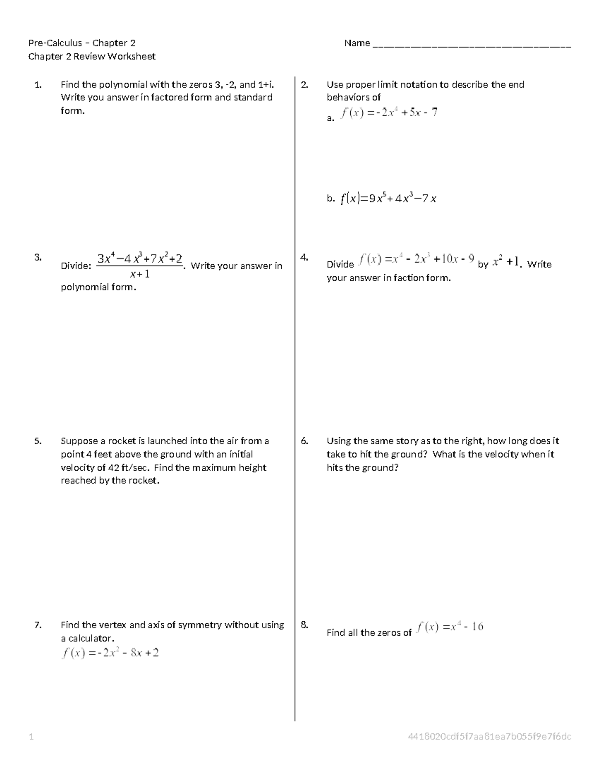 Pre Calc ch2a Chap Rvw - gives some problems to practce for chapter 2 ...