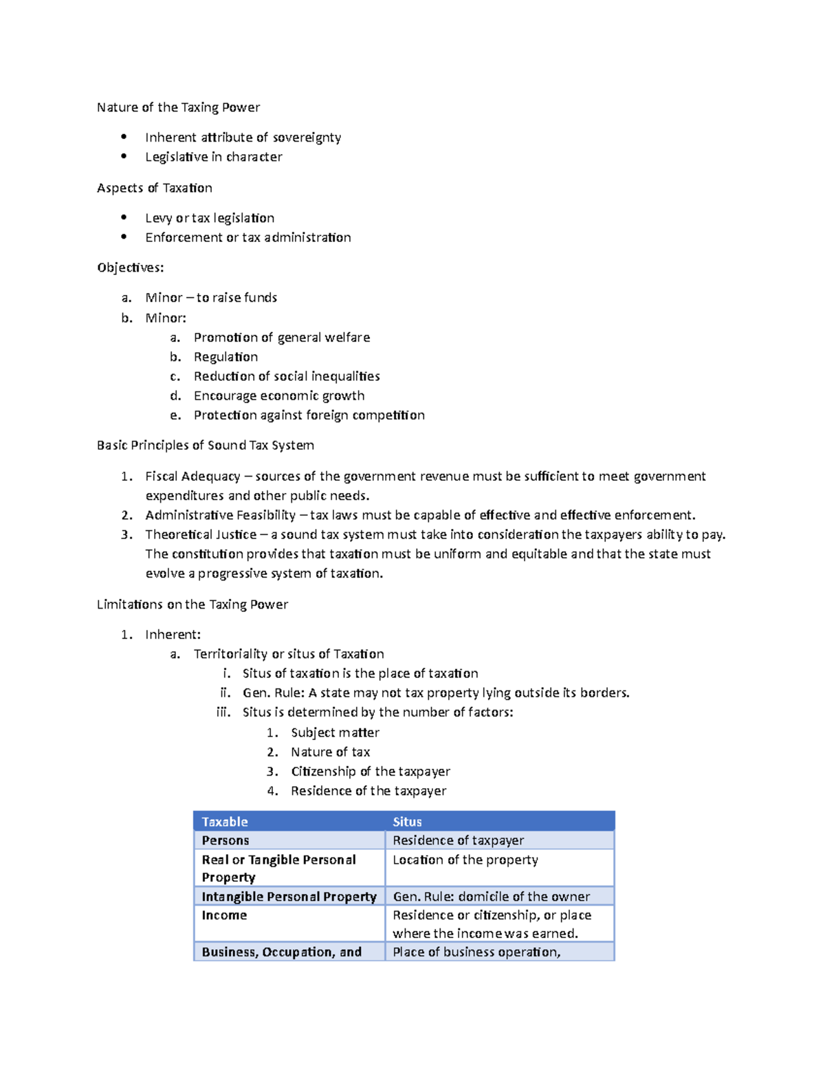Taxation chapter 1 - Nature of the Taxing Power Inherent attribute of ...