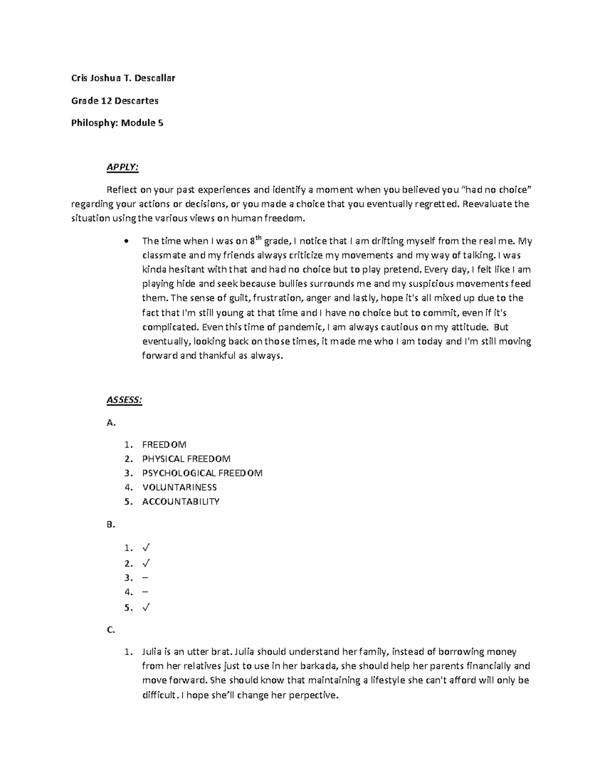 Philosophy Module 5 - Cris Joshua T. Descallar Grade 12 Descartes ...