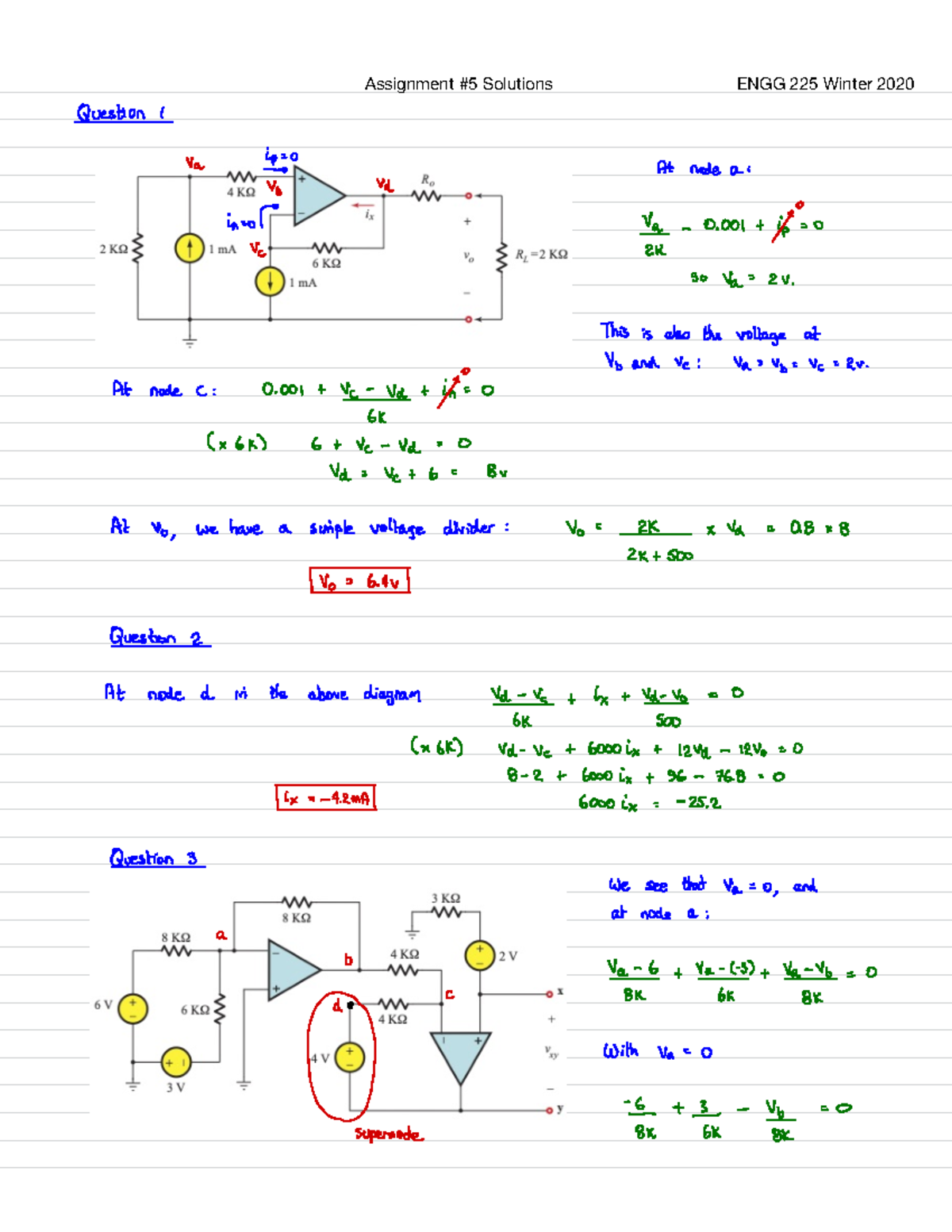 Assignment 5 solns - Assignment #5 Solutions ENGG 225 Winter 2020 Question ip O Va ³ At node ai ...