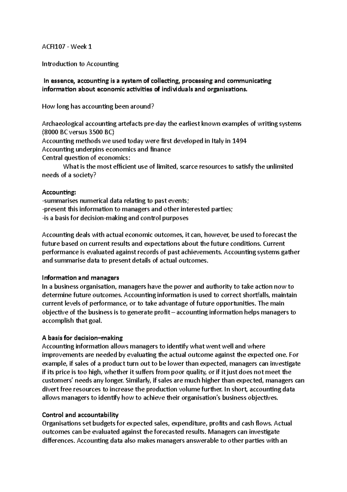 Acfi107 Week 1 Lecture Notes 1 Acfi107 Week 1 Introduction To Accounting In Essence