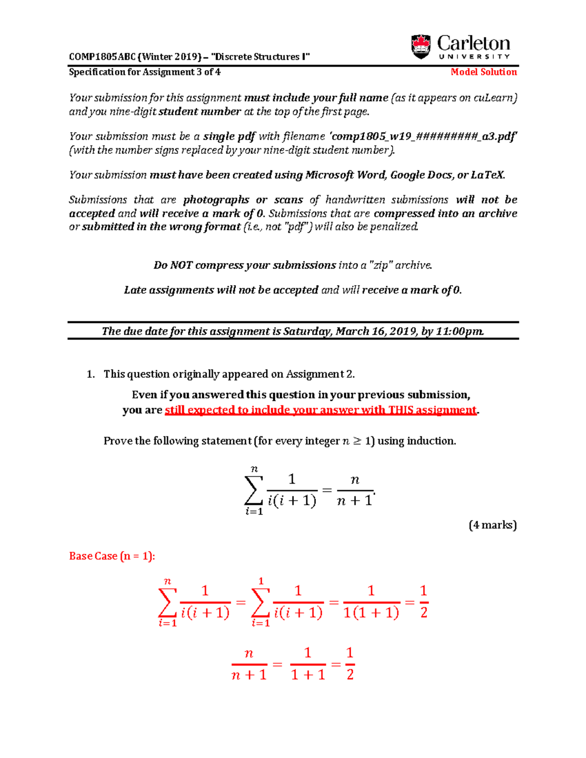 Model Solution for Assignment 3 of 4 - COMP1805ABC (Winter 2019) "Discrete Structures - Studocu