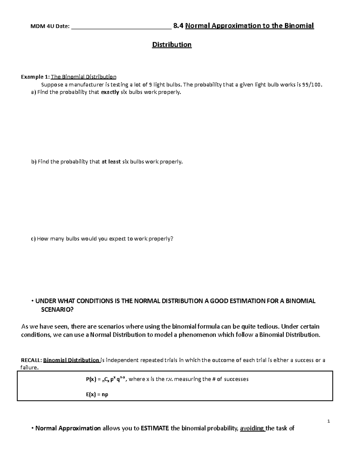 8.4 Normal Approximation to the Binomial Distribution - Blank Note ...