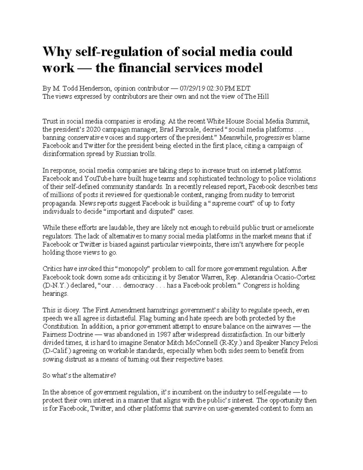 Why self-regulation of social media - Todd Henderson, opinion ...