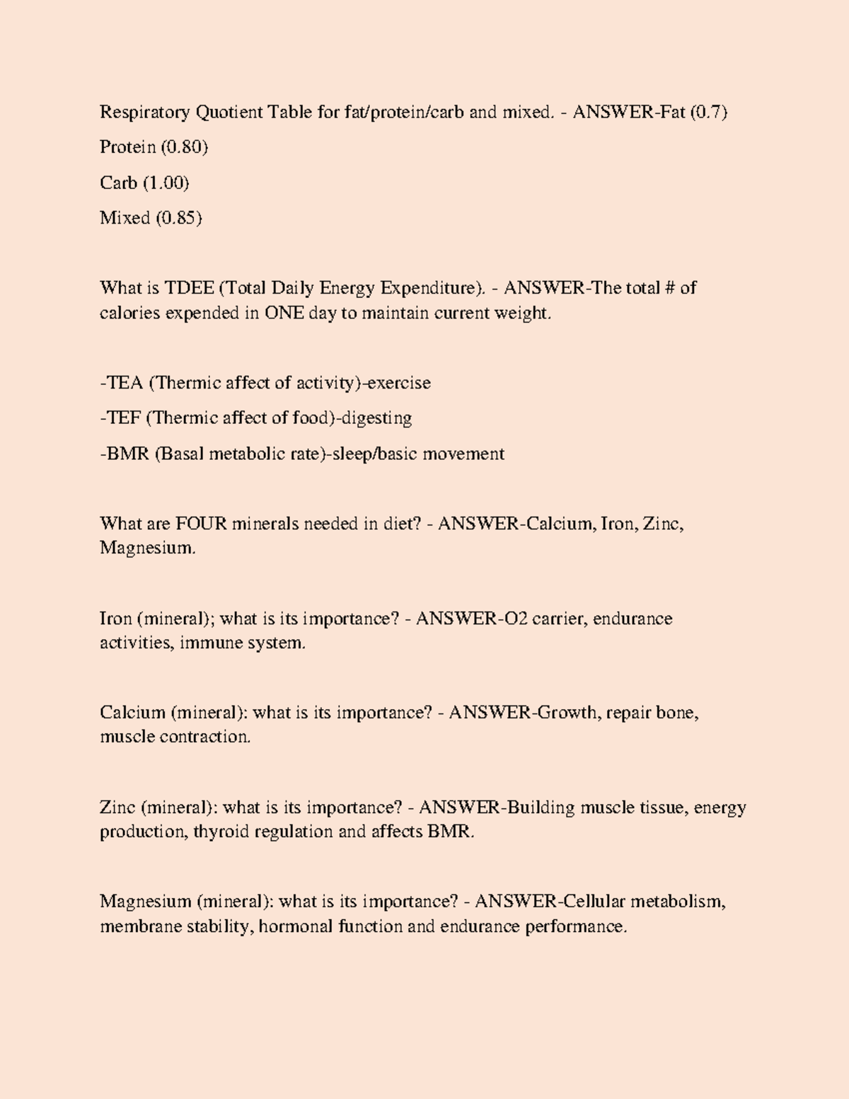 ACSM EXAM Questions WITH 240-37 - Respiratory Quotient Table for fat ...