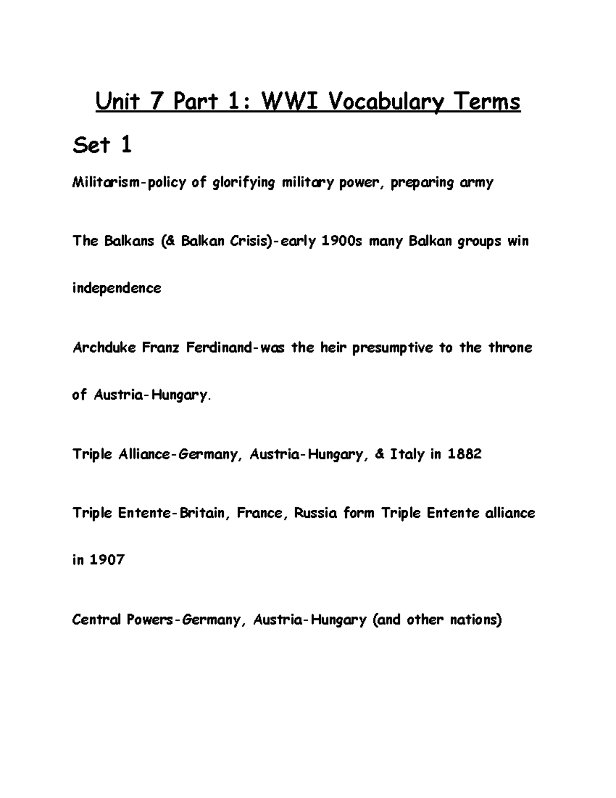 Unit 7 Sets 1 & 2 World War I Vocabulary Terms March 2022 - Unit 7 Part ...