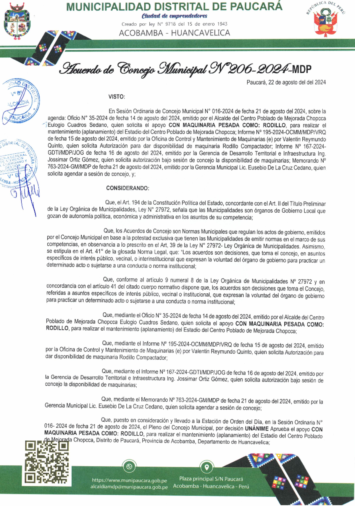 Acuerdo DE Concejo Municipal 206 - MUNICIPALIDAD DISTRITAL DE PAUCARÁ ...