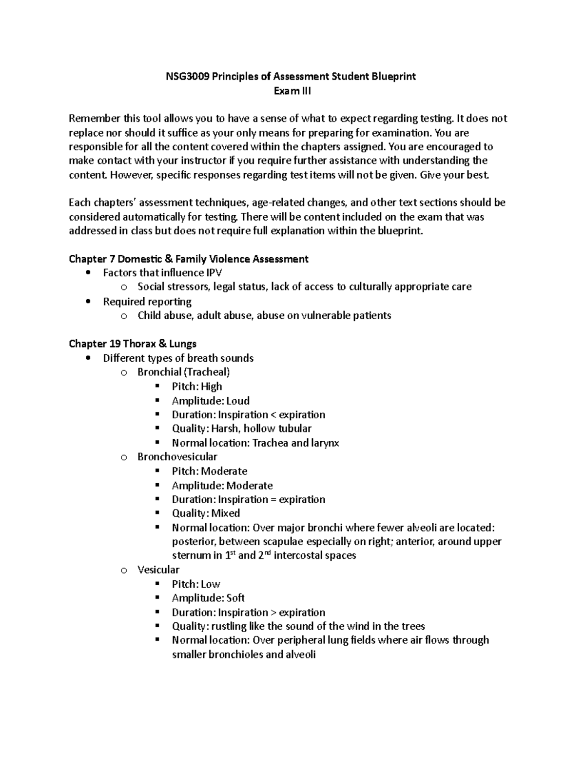 Student Blueprint Exam III - NSG3009 Principles of Assessment Student ...