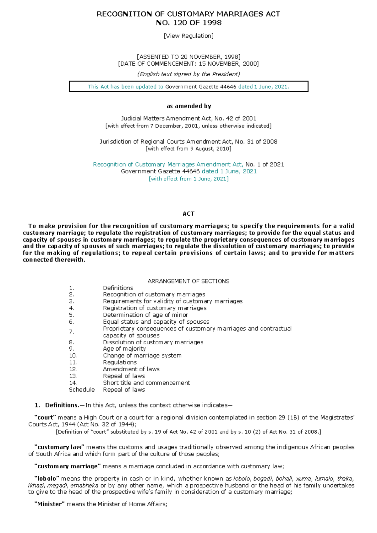 Recognition of Customary Marriages Act No. 120 of 1998 - RECOGNITION OF ...