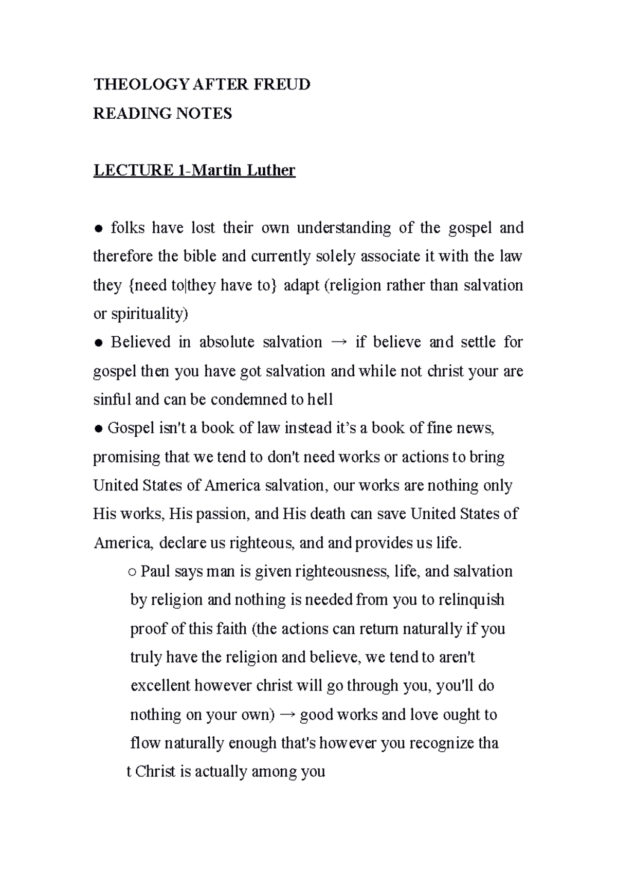 THEO48-1 - Lecture notes 1 - THEOLOGY AFTER FREUD READING NOTES LECTURE ...