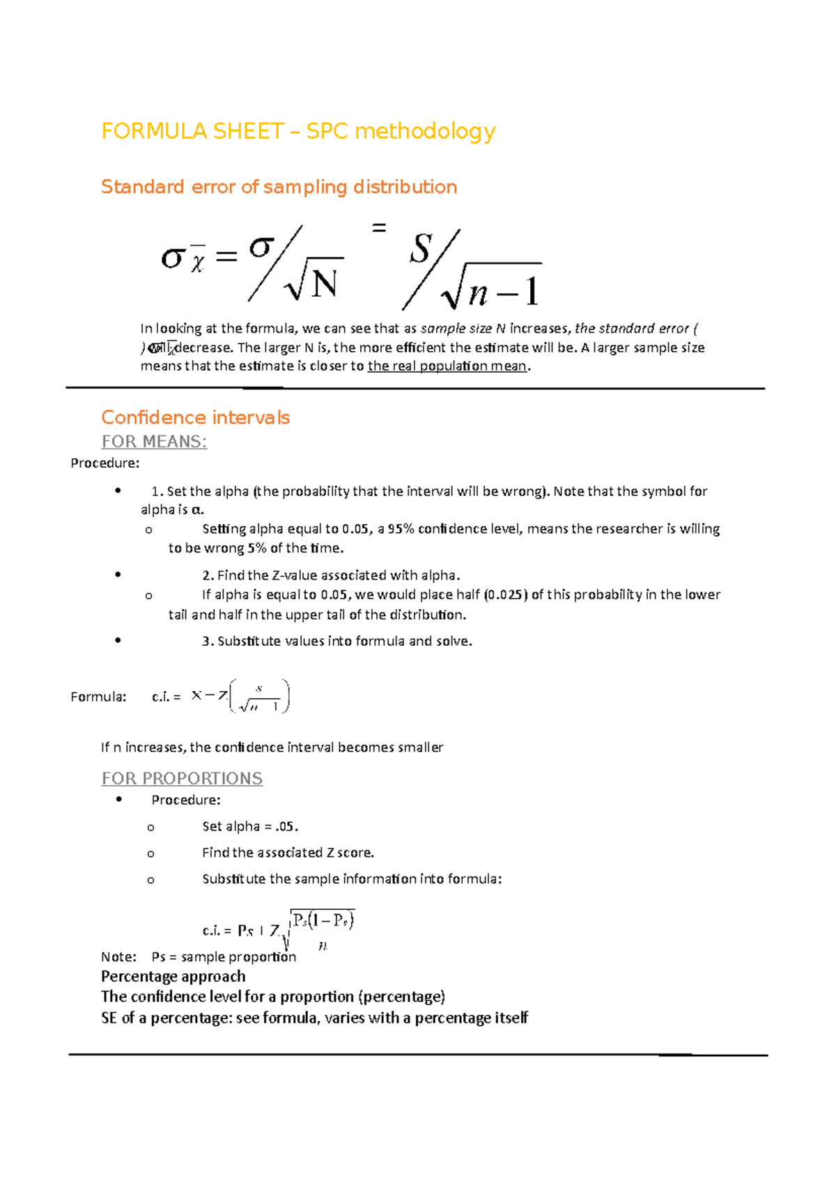 Formula Sheet - FORMULA SHEET – SPC methodology Standard error of ...